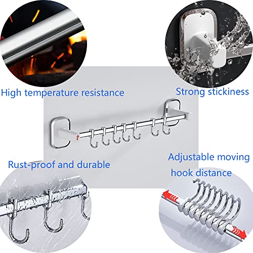 Multifunction Utility Hooks,BAIEUEJO Wall-Mounted Kitchen Hooks for Utensils,Nail Free Adhesive Stainless Steel Kitchen Utensil Hanging Rack with 7 Sliding Hooks,for Kitchen/Bathroom(White)