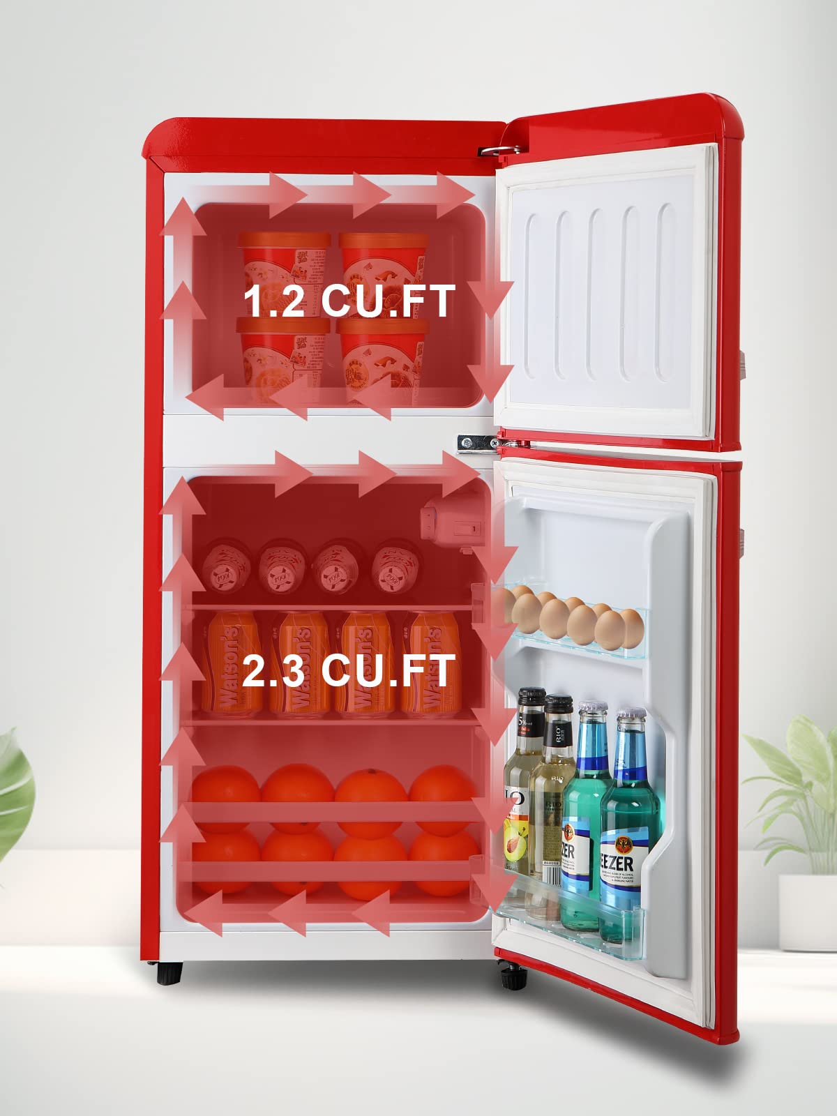 KRIB BLING 3.5 Cu.Ft Refrigerator with Freezer Double Door 7 Level Adjustable Thermostat for Dorm, Bar, Office,Kitchen, Apartment Red (KB02 FLS-80G-RED)