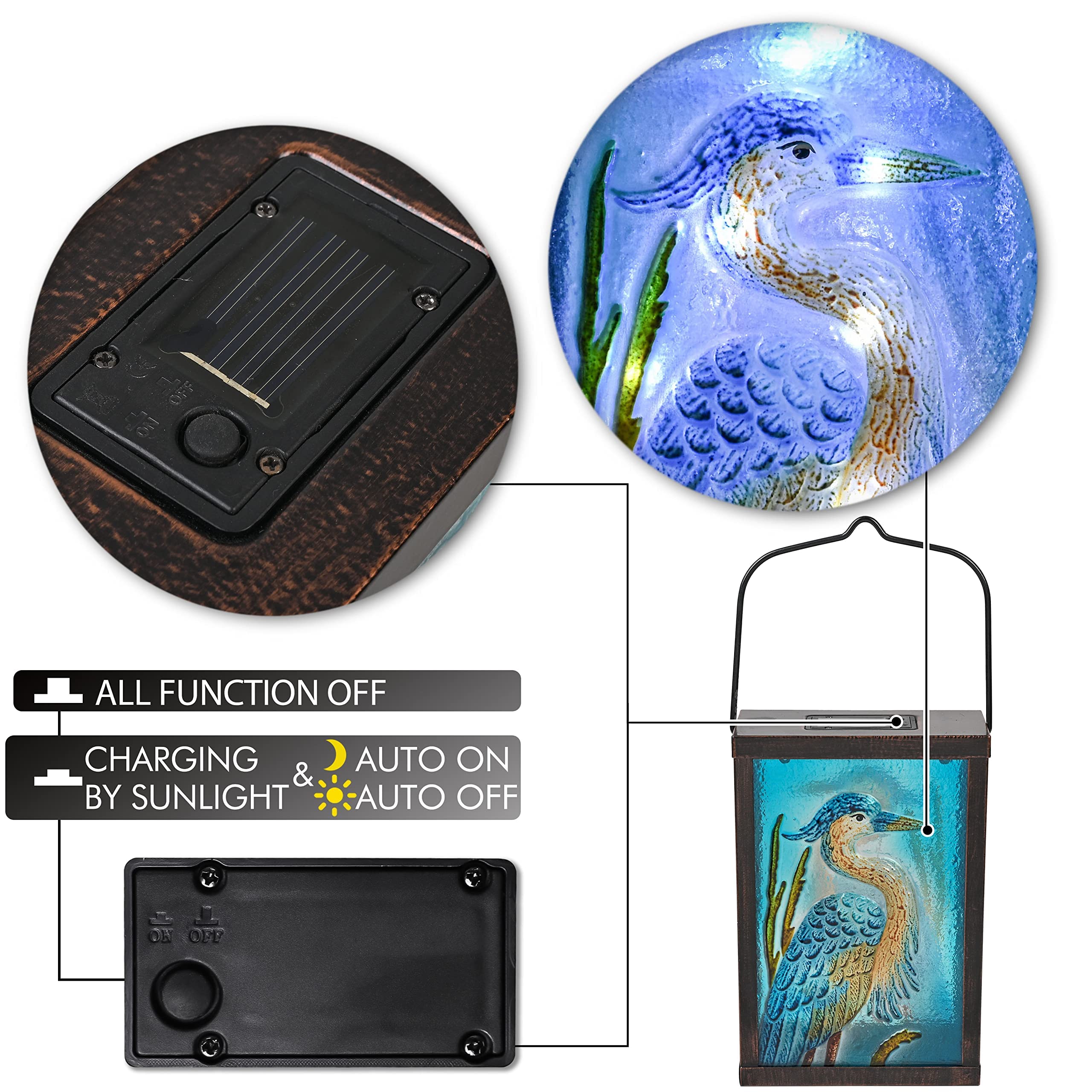 TERESA'S COLLECTIONS Glass Decorative Hanging Outdoor Solar Lanterns Bundle(2PCS) | Bee Gathering Honey Lantern and Blue Heron Lantern for Home Garden Patio Lawn Yard Decor