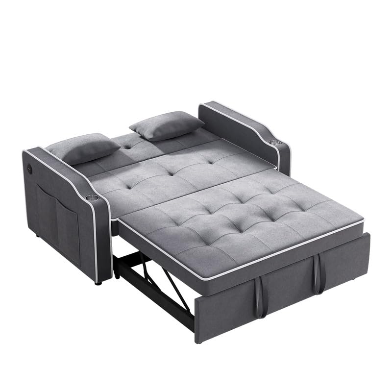 DAMAIFROM Sleeper Sofa Bed with USB Port, Velvet Pull Out Couch Bed, 3-in-1 Convertible Upholstered Loveseat Sofa,Velvet Futon Couch with Adjustable Backrest for Living Room,Dark Grey