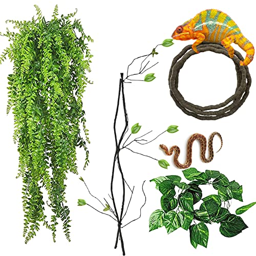kathson Reptile Vine Plants,Flexible Green Plant Decor Hanging Vine Plant Climbing Terrarium Leaves Branch Habitat Accessory for Lizards Bearded Dragon Geckos Snakes Chameleons (4 PCS)