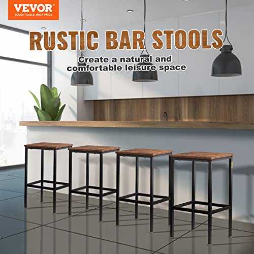 VEVOR Rustic Bar Stools, 25.6β Tall Rectangle Seat, Set of 2 Bar Chairs with Footrest Steel Frame Adjustable Feet, Wooden Industrial Kitchen Stool for Kitchen Dining Living Room, Rustic Brown