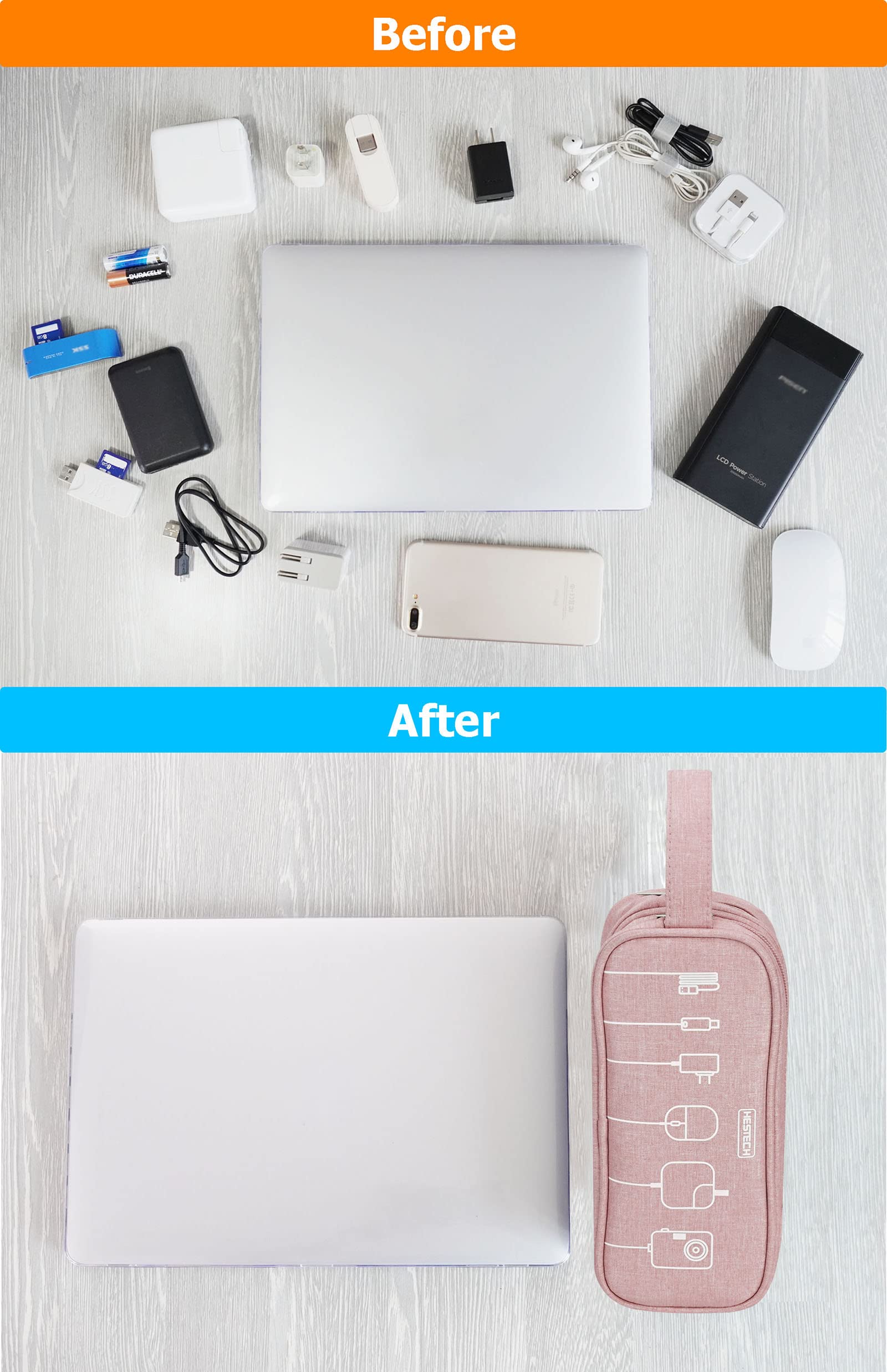 HESTECH Electronic Organizer Travel Case Cord Organizer Traveling Bag Tech Organizer Pouch for Charging Data Cable,Charger,Phone,Power Bank,Mouse,USB Flash Drive,Earphone,Pink with 5PCS Cables Ties
