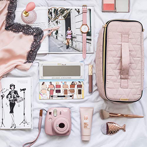 BAGSMART Large Makeup Bag Organizer,Double-Layer Travel Cosmetic Case with Acrylic Mirror,Makeup Train Case with Adjustable Dividers Women Cosmetics Makeup Brushes Toiletries