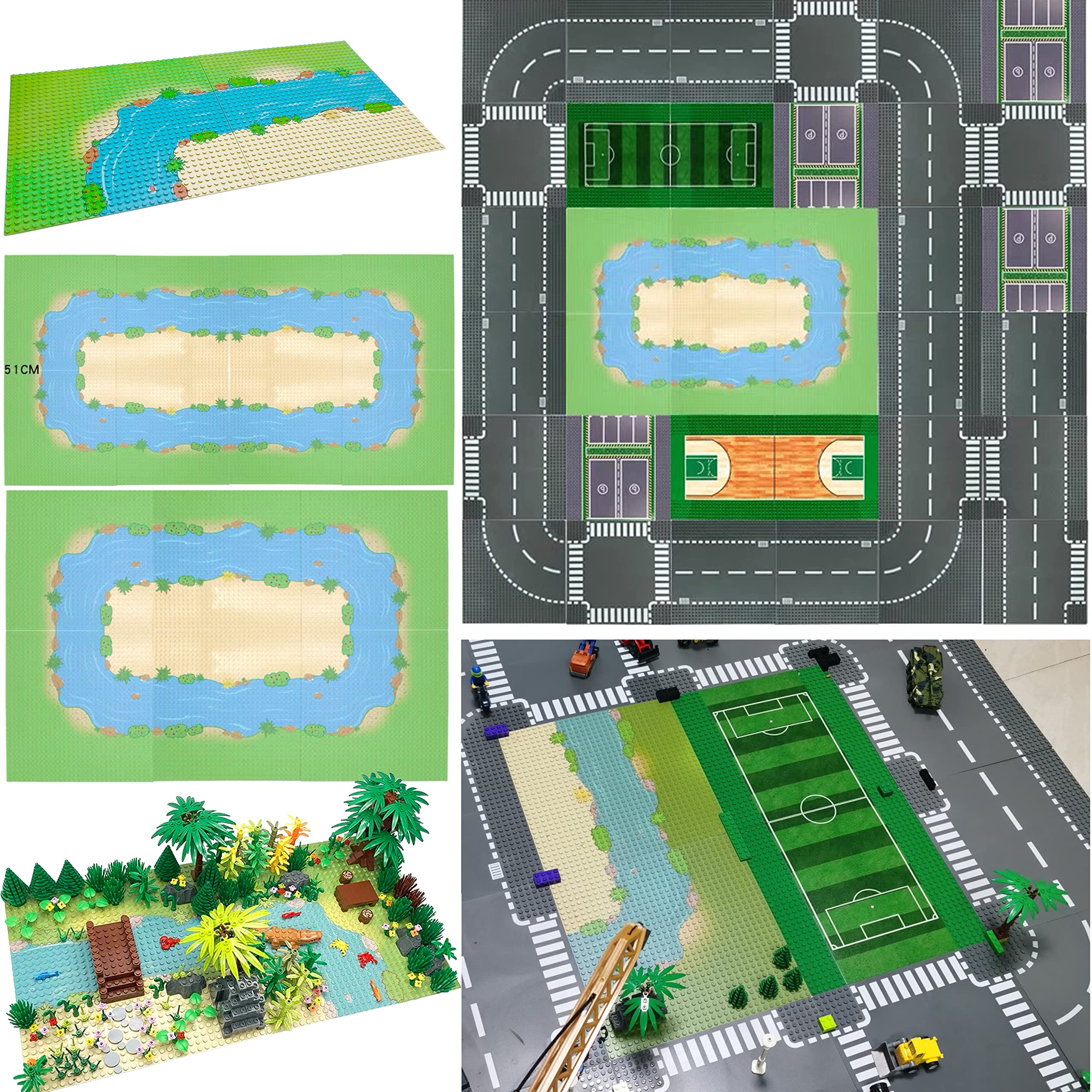 TACYILLU 6 Pack Grassland Rivers Pattern Baseplate 10" x 10" - Building Brick Base Plate Tight Fit with Major Brands for City Roads Building Blocks Kids Toy (2 Straight + 4 Curve)