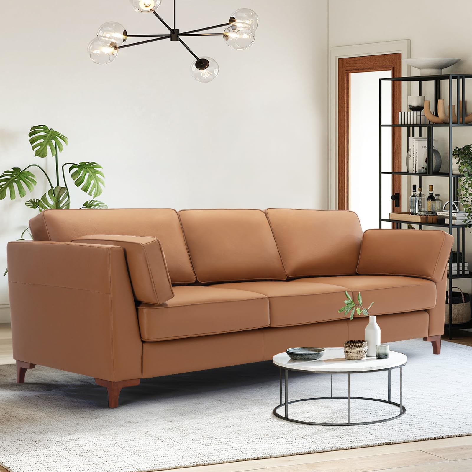 COLAMY 93" Mid-Century Modern Faux Leather Sofa,Oversized 3-Seater Couch with Comfy Cushions and Wood Legs for Living Room, Bedroom, Office, Apartment, Brown