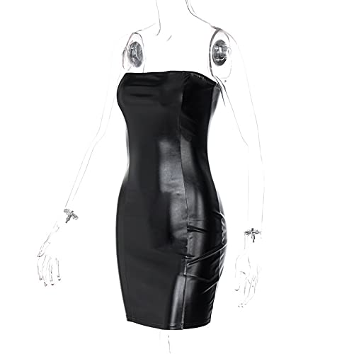 GOOHO Women Sexy Club Party Strapless Bodycon Pu Leather Black Ruched Latex Dress (SPUD-Medium)