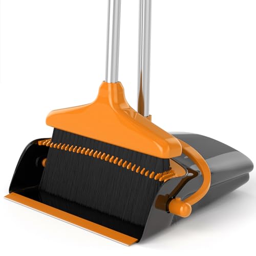 Broom and Dustpan Set(51" Long), Adjustable Length Stainless Steel Broomstick, Sstanding Dustpan and Broom for Office, Home Kitchen, Lobby Floor use (Orange and Black)