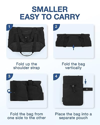 BAGSMART Women Foldable Tote Bag with Drawstring Storage Bag, Large Tote Bag Shoulder Bag Top Handle Handbag for Travel, Work, Beach, Gym, Shop, (Black)