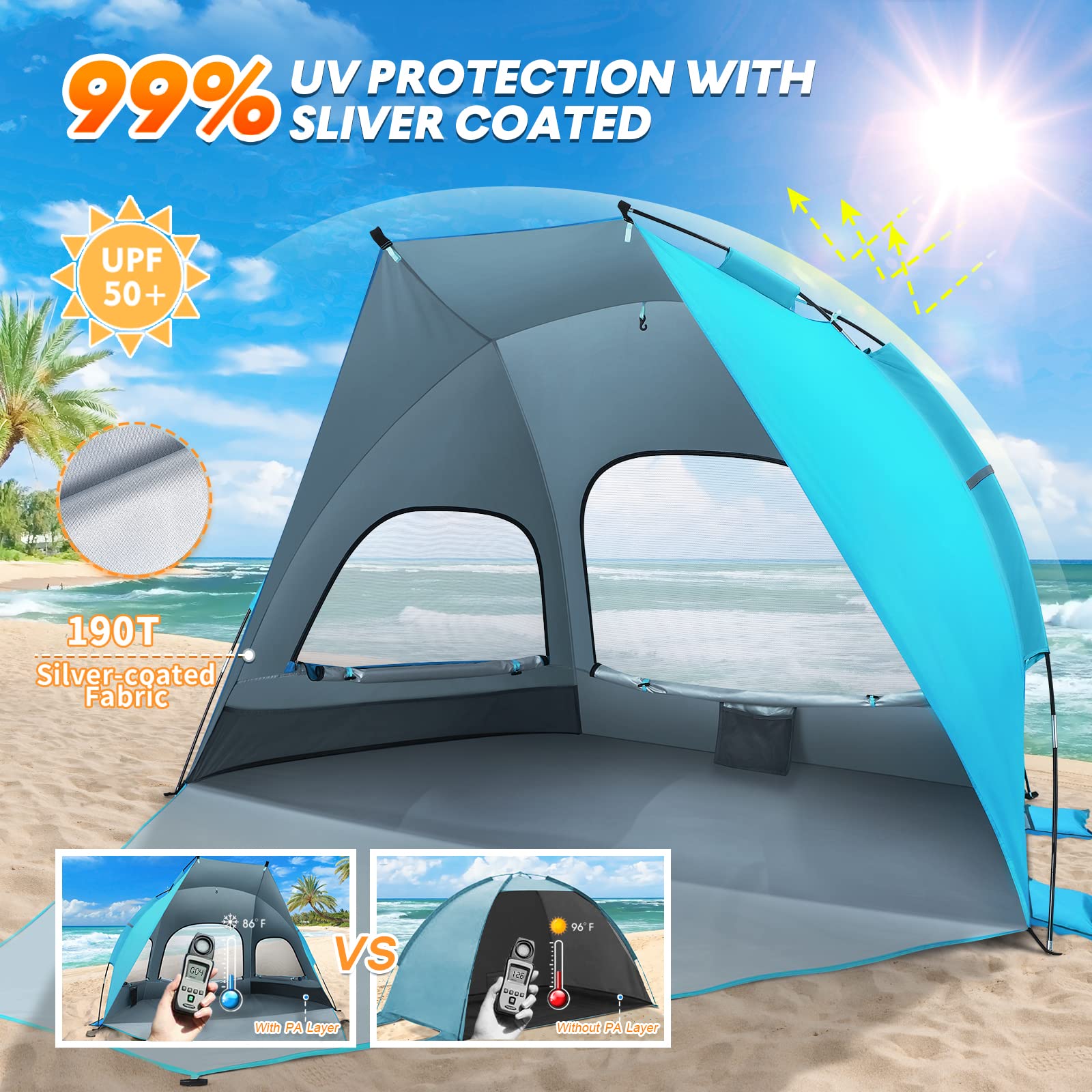 Beach Tent Sun Shade Shelter: 3-4 Person Large Anti-UV Windproof Portable Lightweight Tent Canopy Cabana with Extendable Floor Outdoor