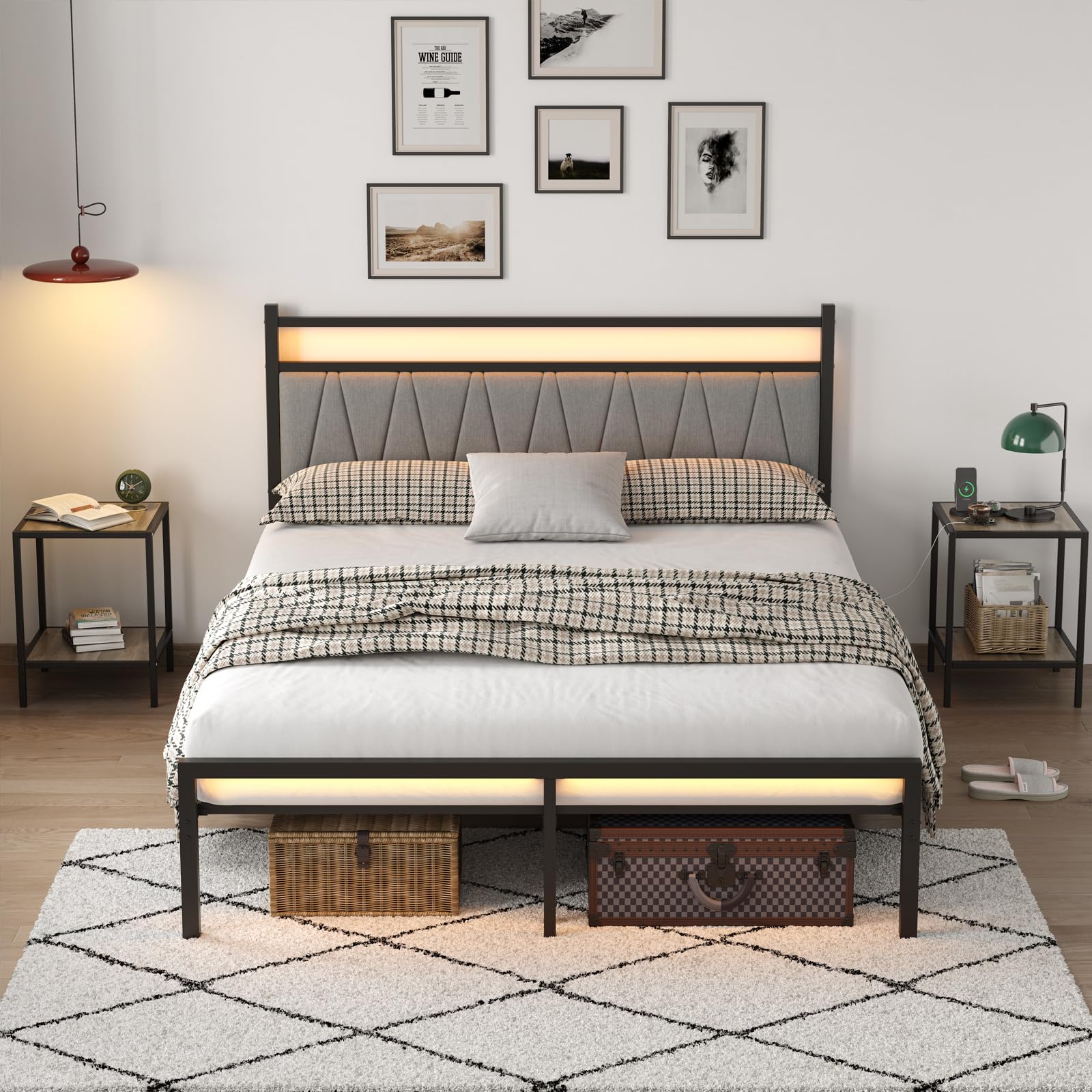 CollaredEagle Queen Size Bed Frame with Charging Station, Metal Platform Bed Frame with Fabric Upholstered Headboard, No Box Spring Needed, Large Under Bed Storage, Non-Slip, Black