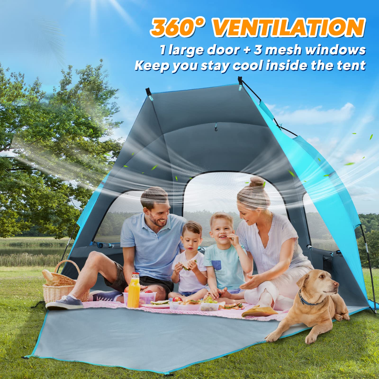 Beach Tent Sun Shade Shelter: 3-4 Person Large Anti-UV Windproof Portable Lightweight Tent Canopy Cabana with Extendable Floor Outdoor