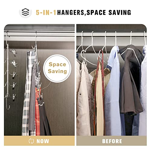 CINKSY Space Saving Pants Skirt Hanger 5 in 1 Pants Jeans Hangers with Non-Slip Foam Padded Metal Skirt Hanger with Adjustable Clips