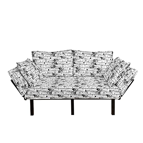 Lunarable Wooden Print Futon Couch, Cottage Style Rustic Planks Oak Background Urban Minimalist House French, Daybed with Metal Frame Upholstered Sofa for Living Dorm, Loveseat, White Black