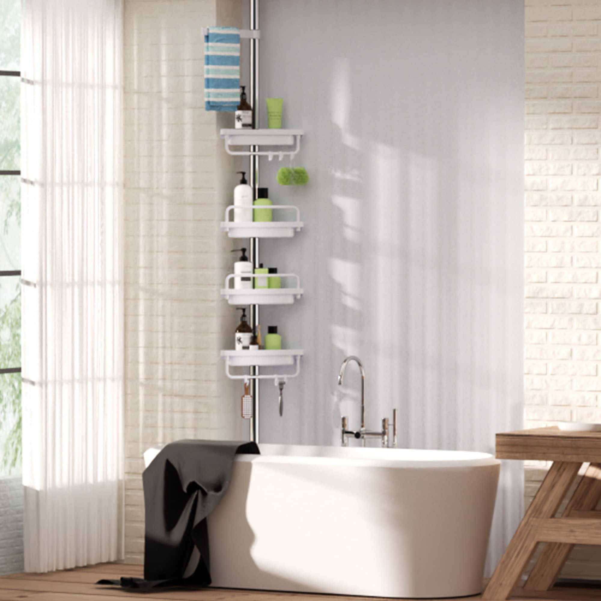 FRDECON Rustproof Shower Caddy Corner for Bathroom, 4-Tier Tension Pole Stainless Steel Shower Organizer, 56 to 115 Inch Adjustable Bathtub Shower Shelf Storage with 1 Tower Bar, White