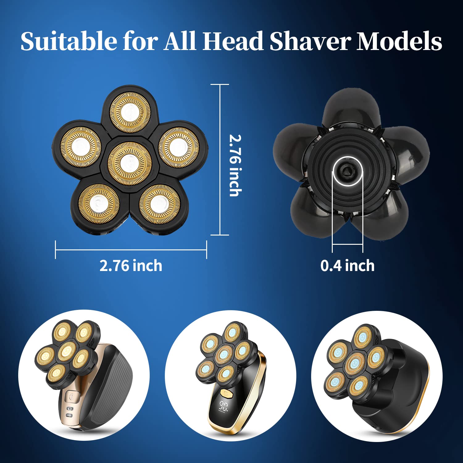 Electric Shaver Replacement Head Upgraded 6D Mens Electric Shaving Head Freedom Bald Shavers Blades Wet & Dry Electric Razor Floating Replacement Heads Close Head Shavers Replacement Blades(Gold)