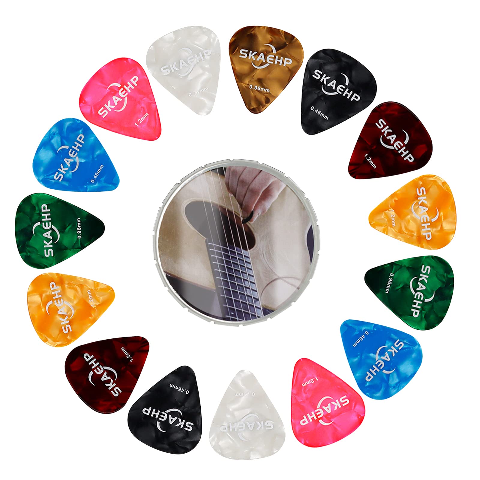 SKAEHP Celluloid Guitar Picks 20 Pack With Guitar Pick Box, 4 Thickness, Thin, Medium, Heavy & Extra Heavy, apply to Acoustic Guitar Electric Guitar Bass and Ukulele Guitar Picks(Christmas gift)