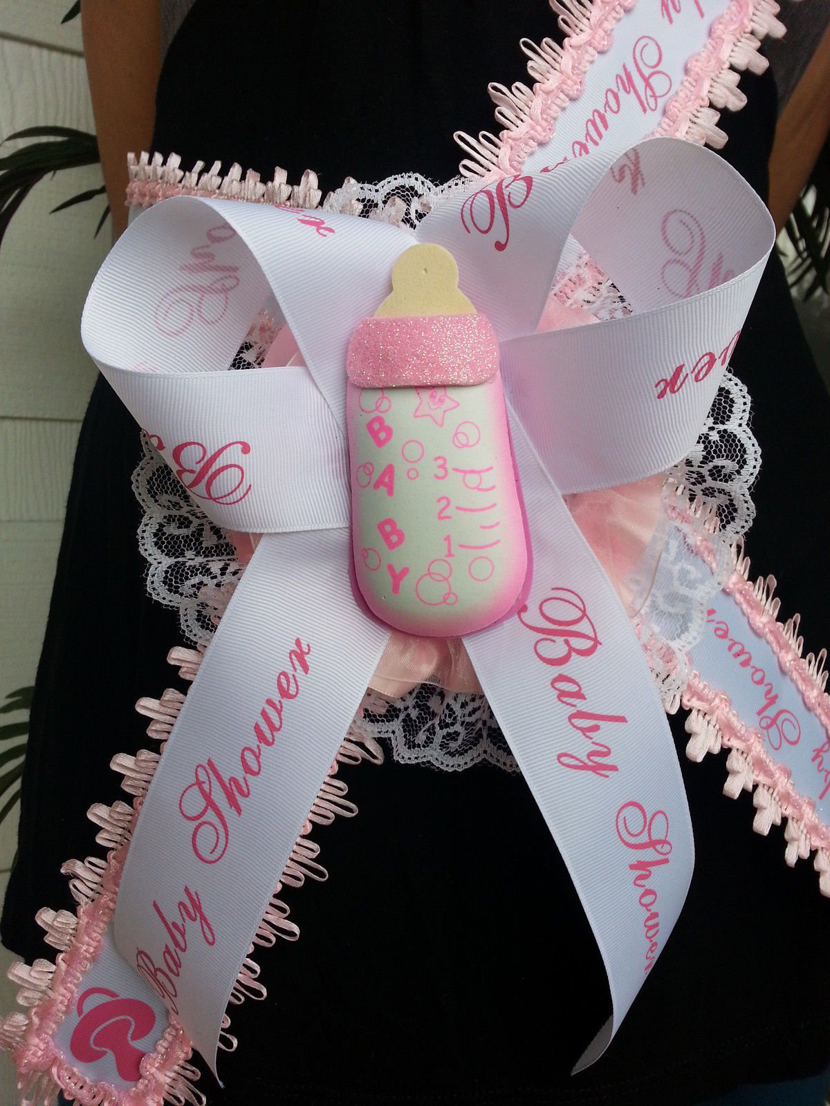 Welcome Baby Shower Mom To Be It's a Girl Sash Pink Bottle Ribbon and Corsage
