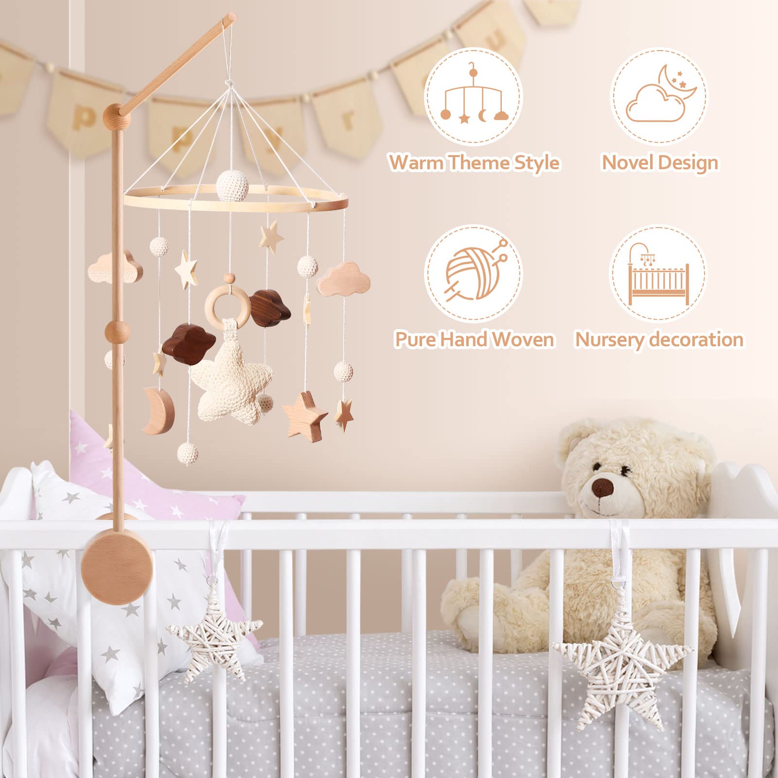 Boho Baby Mobile,Mobile for Crib,Neutral Baby Crib Mobile,Boho Nursery Decor,Handmade Baby Mobile,Boho Crib Mobile Kids Room Nursery Decor(Arm Not Included)