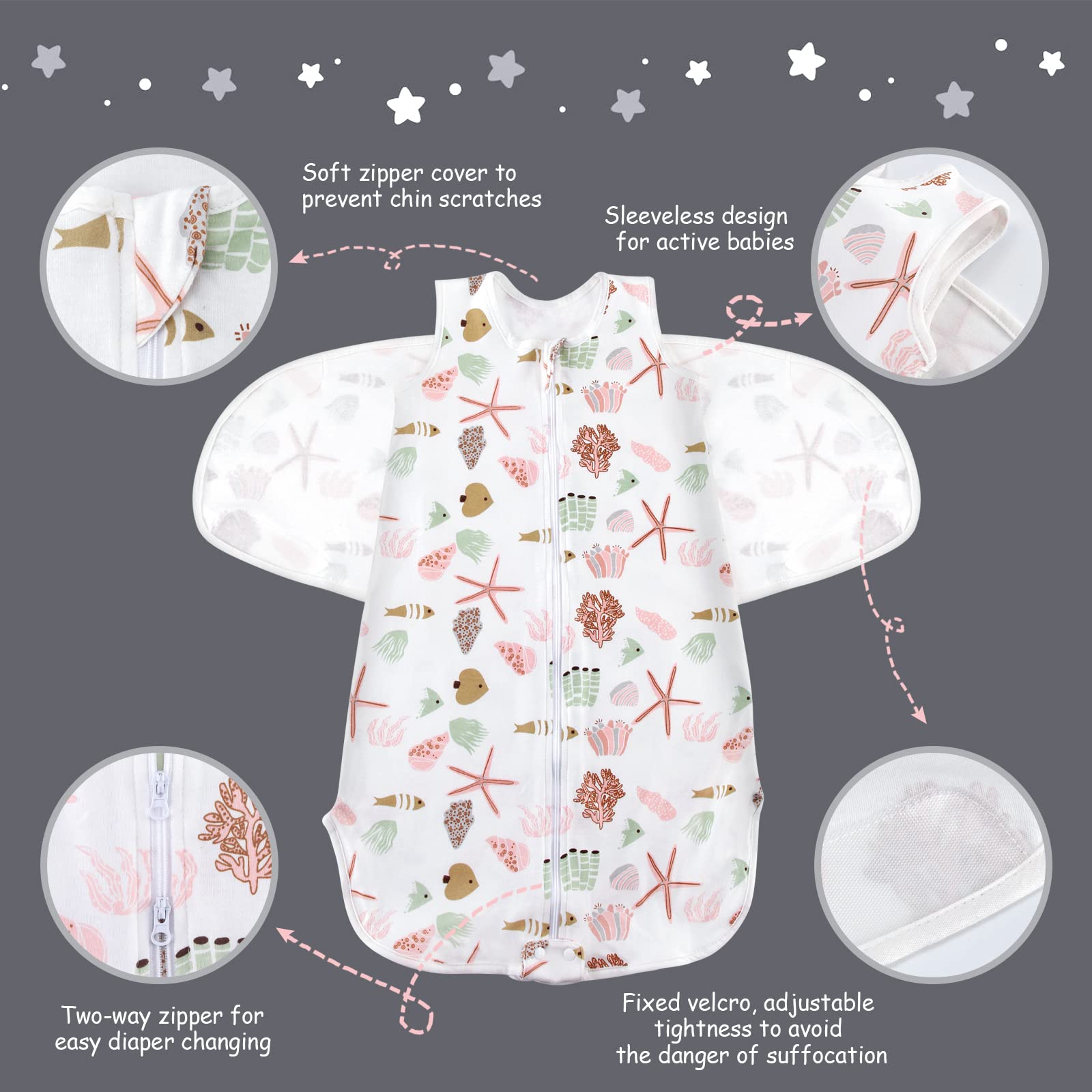 Baby Sleepsack Swaddle, 100% Cotton Adjustable Swaddle Blanket, Newborn Swaddle Helps to Reduce Startle Reflex, 0-12 Months