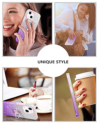 GUAGUA Compatible with iPhone 13 Mini Case 5.4 Inch Glitter Sparkle Bling Cute Cover for Girls Women with Pink Ring Holder Kickstand Shockproof Protective Case for iPhone 13 Mini Gradient Purple