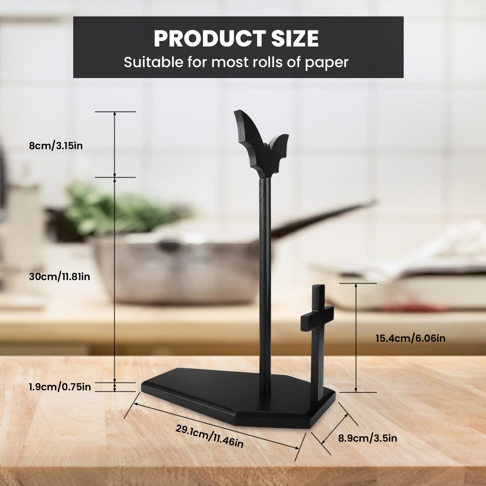 Bat Paper Towel Holder Countertop Large,Wooden Halloween Kitchen Paper Towels Holder Stand for Large Size Rolls,Black Halloween Decor Gothic Decor for Kitchen and Bathroom. (Bat)