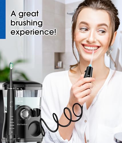 Electric Toothbrush with Water Flosser,600ML Oral Irrigator Water Flosser with 7 Jet Tips,10 Adjustable Water Pressure,Sonic Electric Toothbrush with 2 Brush Heads,5 Modes(Black)