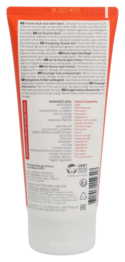 Weleda Sport Arnica Shower Gel, 6.8 Fluid Ounce, Plant Rich Cleanser with Arnica, Rosemary and Lavender