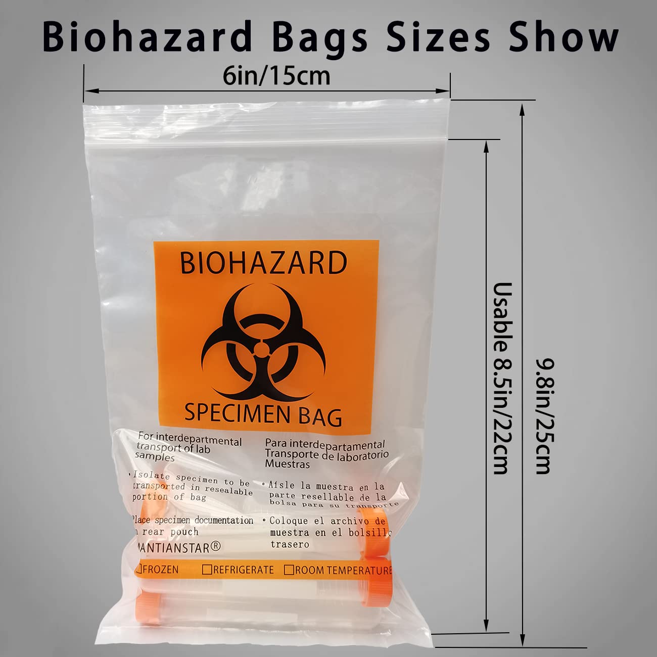 Mantianstar 100pcs Biohazard Specimen bags,6x9in/15x25cm Printed with Biohazard logo, Laboratory Sample Ziplock Top Bag