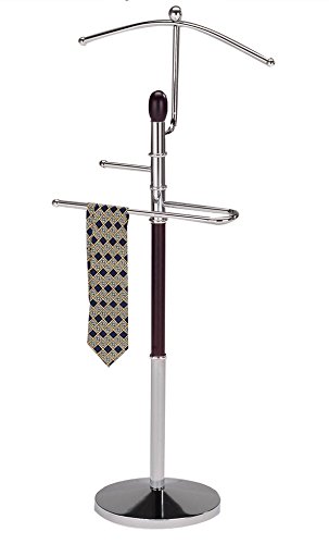 KB Designs - Wood/Metal Suit Tie Valet Stand Rack, Clothing Organizer, Chrome/Walnut