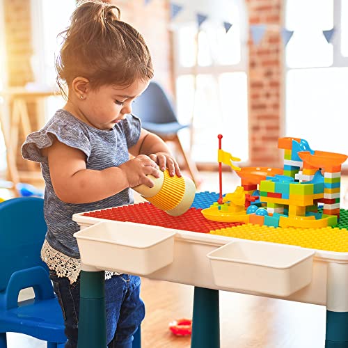 Sandinrayli 7-in-1 Kid Activity Table Set w/2 Chairs & 72Pcs Large Size Blocks, Compatible with Classic Blocks, Water/Sand Table, Building Block Table for Toddler (Primary)