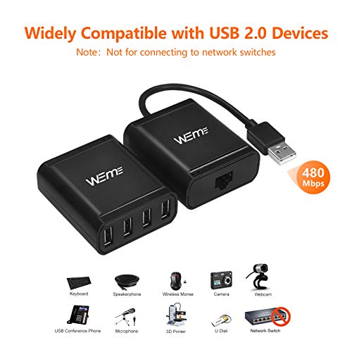WEme USB Extender, 4-Port USB 2.0 Ethernet Extender Hub Over Cat5/ Cat5e/ Cat6 Cable Connection up to 60Meters/196FT, RJ45 Lan Extension with Power Adapter for Logitech Webcam, Camera, Speakerphone