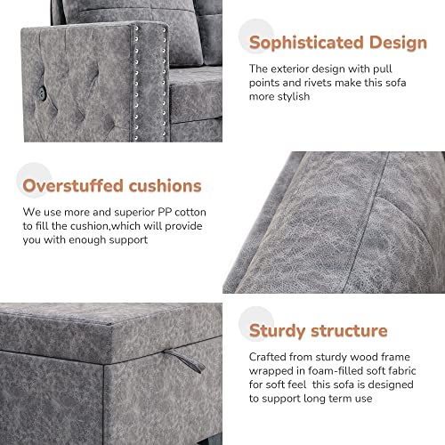 Merax 84" Pull-Out Sleeper Sofa Bed with USB Port,L-Shaped Storage Corner Sofa Bed with Storage Chaise Lounge, 3-Seater Upholstered Sofa Couch with Nail Head Trim