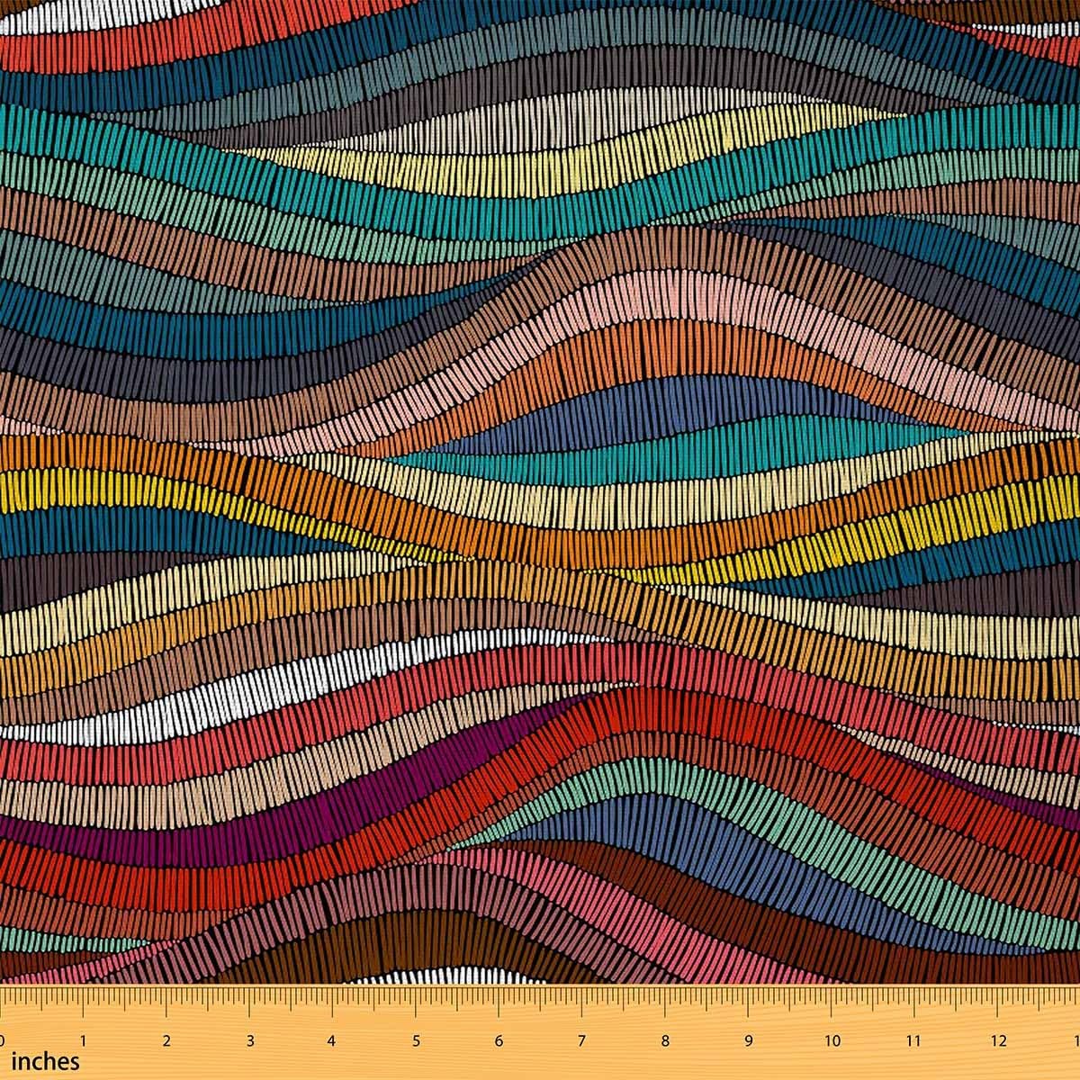 Boho Fabric by The Yard Bohemian Wavy Upholstery Fabric Rainbow Embroidered Waves Print Decorative Fabric Geometric Tribal Ethnic Colorful Abstract Lightweight Indoor Outdoor Fabric, 1 Yard