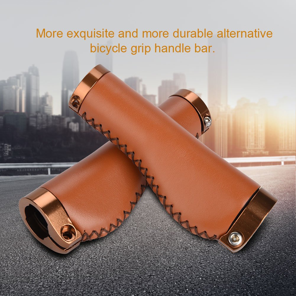 Bicycle Handle Grips, PU Leather Bicycle Grips Leather Handlebar Cover Grips for 7/8 Inch Handle Bars of Beach Cruiser Bikes, 1Pair(Brown)