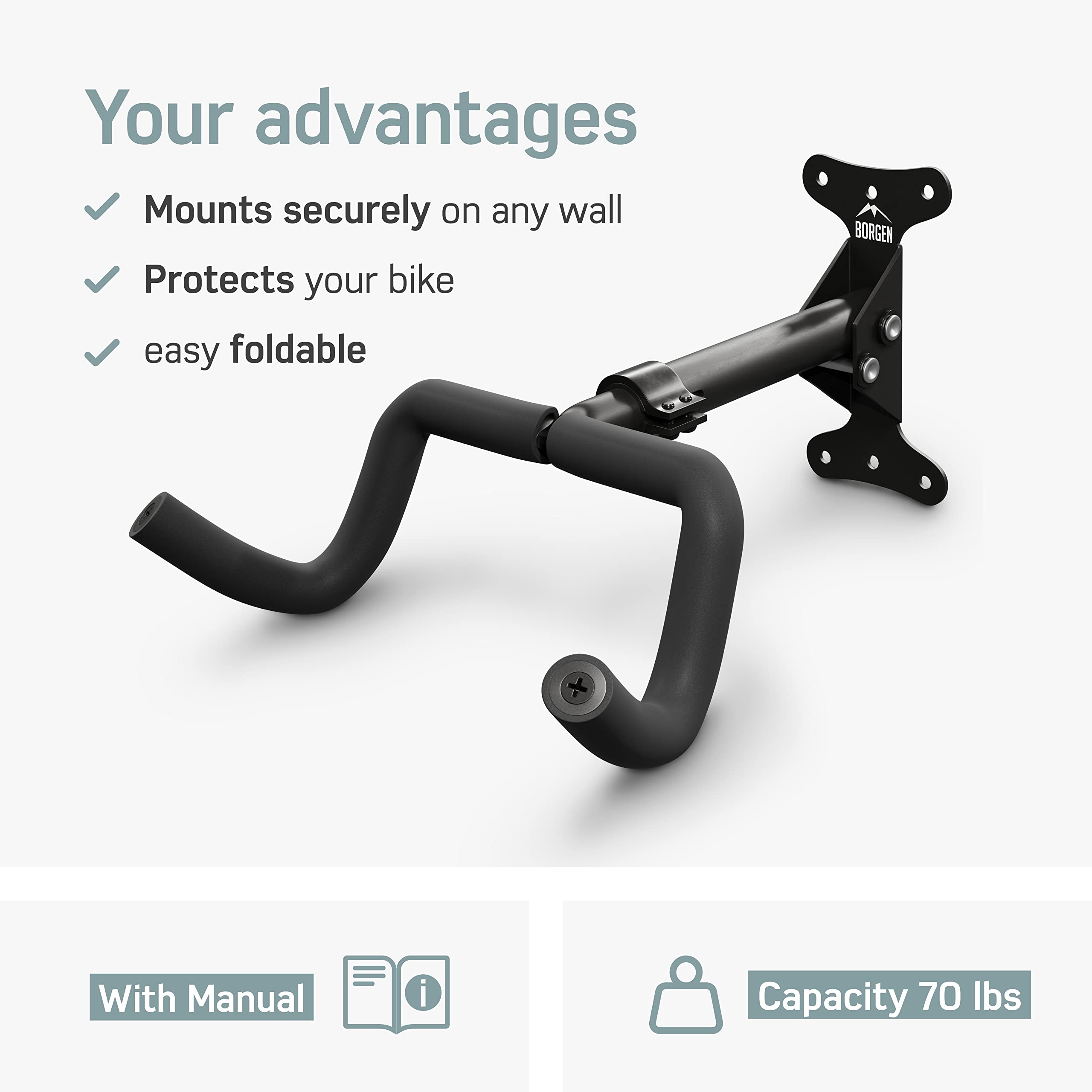 Borgen Bike Wall Mount I Bike mount - angle and wall distance adjustable, foldable, MTB, road bike wall mount bike- extra soft padding