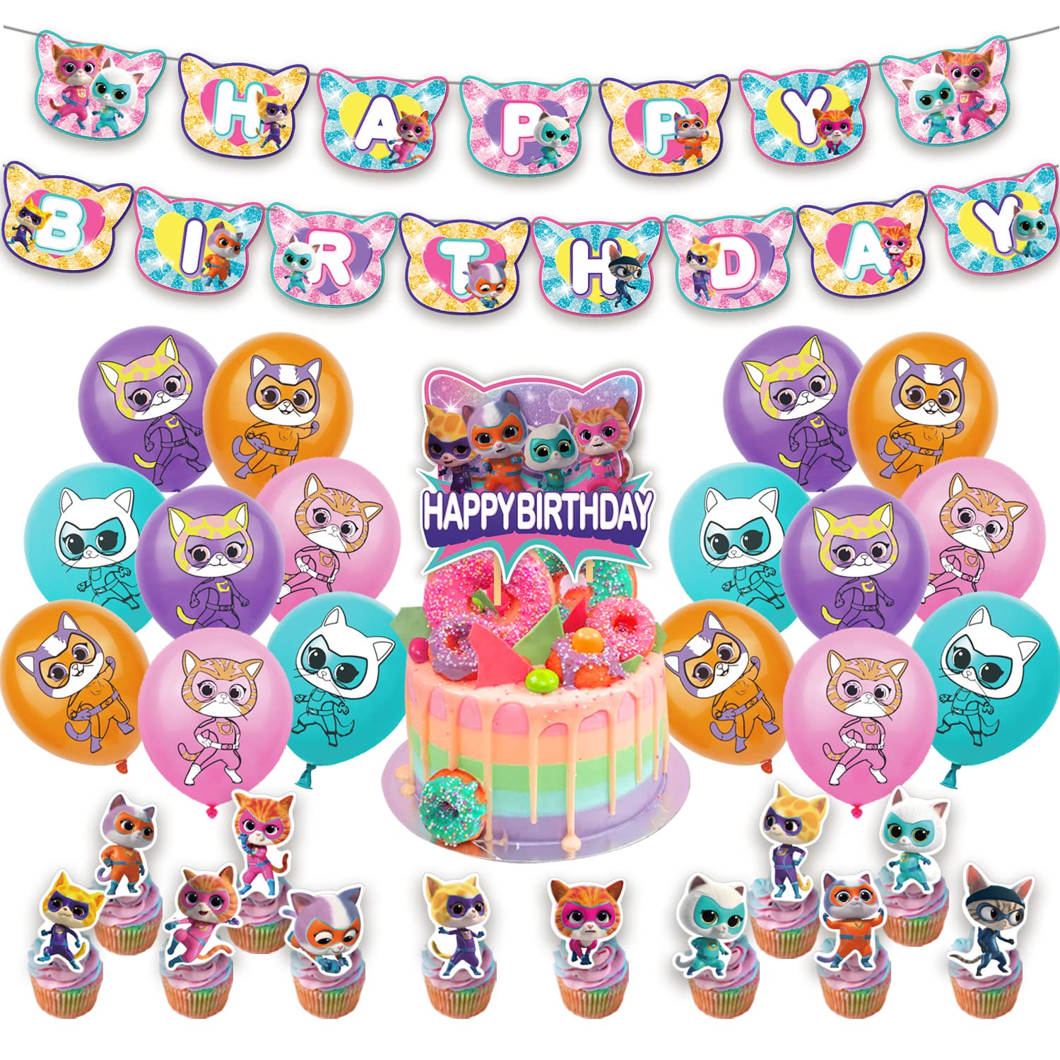 Birthday Party Supplies Super Kitties Includes The Super Kitties Inspired Happy Birthday Banner - Cake Topper - 24 Cupcake Toppers - 16 Balloons