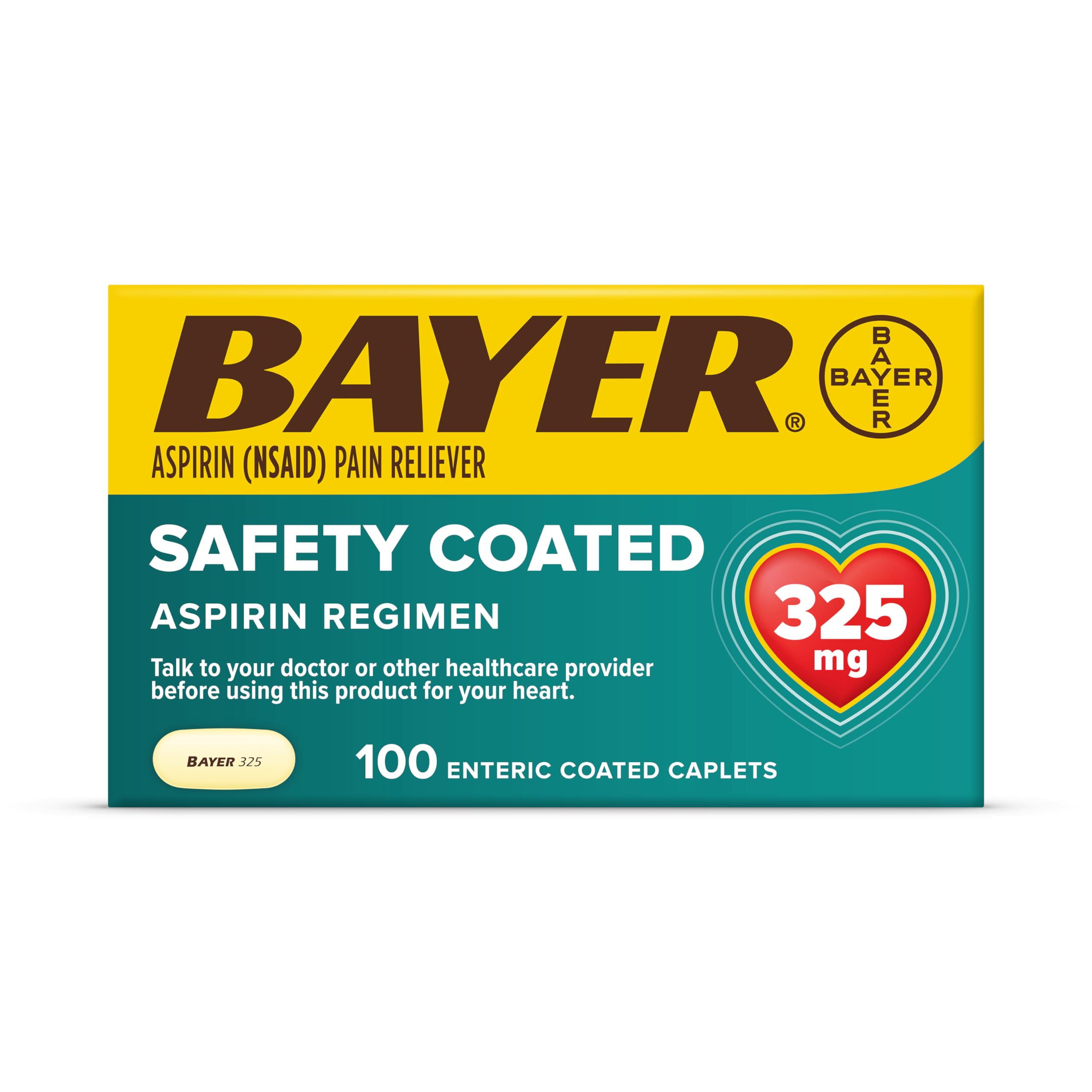 Aspirin Regimen Bayer, 325mg Enteric Coated Tablets, Pain Reliever, 100 Count