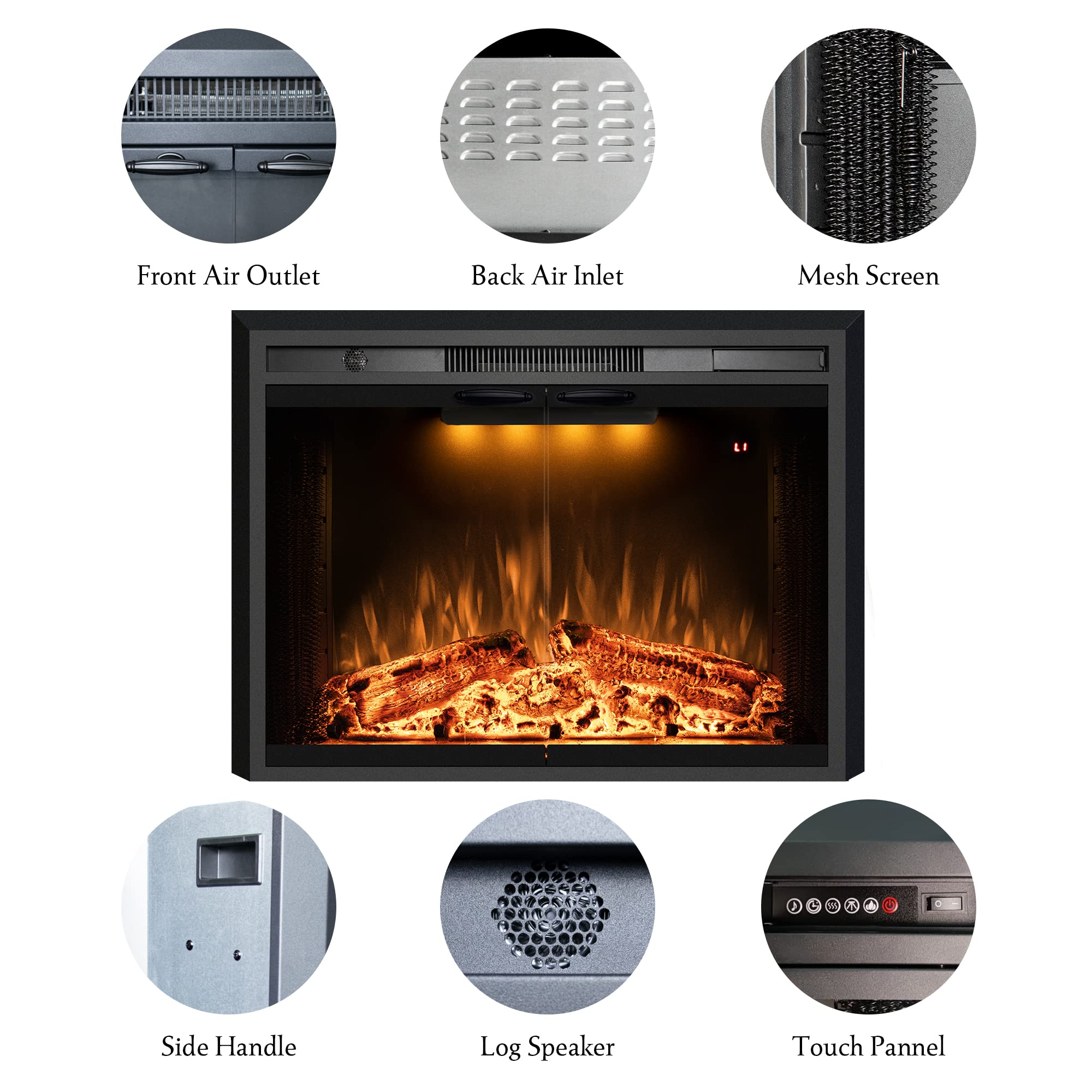 Benrocks 36β Electric Fireplace Inserts with Glass Door and Mesh Screen, Multicolor Flames & Fire Crackling Sounds, Timer, Overheating protection Fireplace Heater, 750/1500W