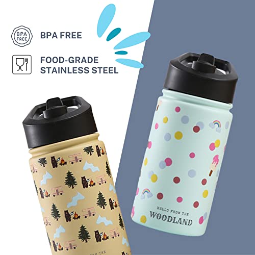 Kids Thermal Bottle with Straw Lid and Loop Cap, 12oz Premium Stainless Steel Water Bottle, Easy to Drink for Toddlers, Keeps Drinks Fresh for 12 Hours (Camping Bear)