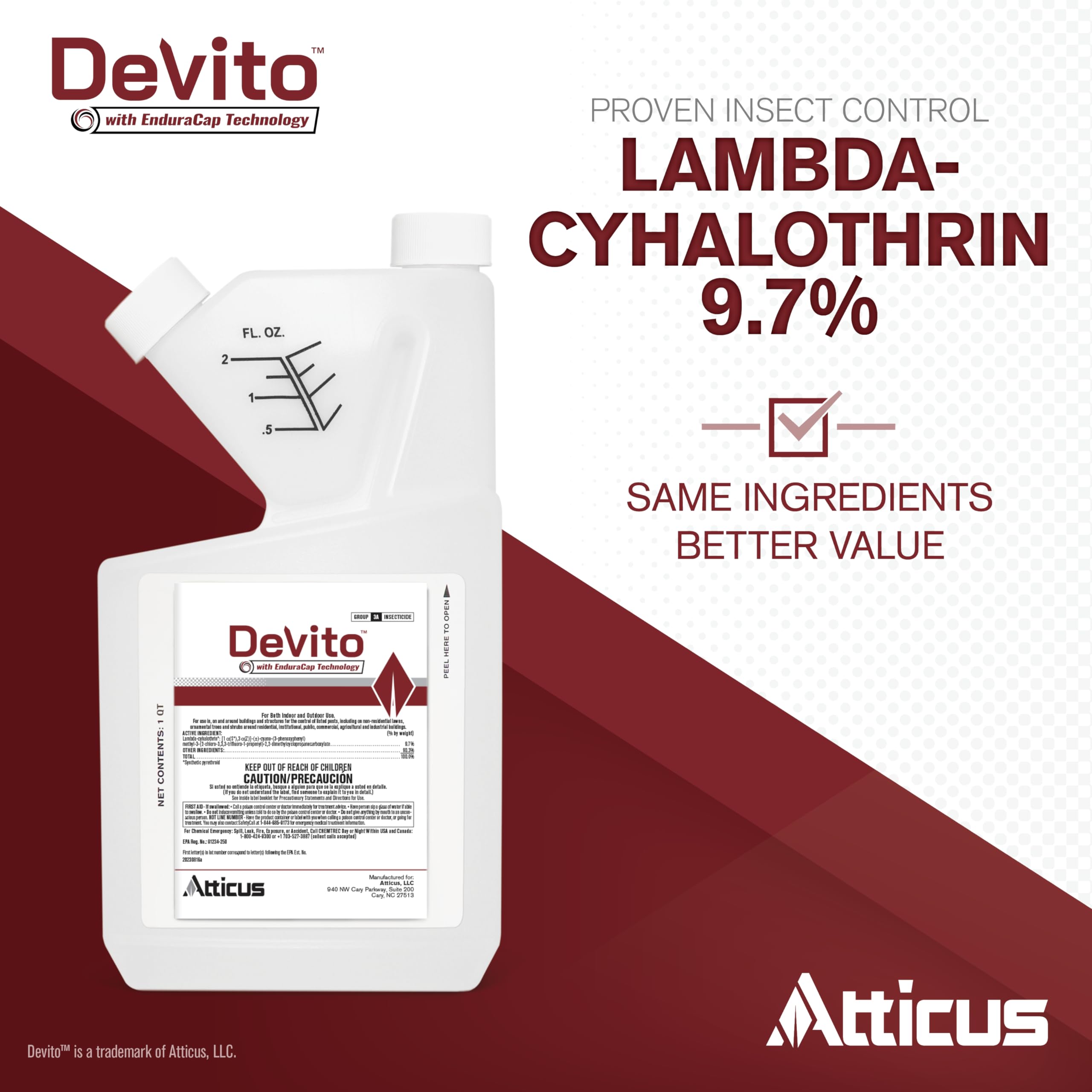 Devito Insecticide by Atticus - Compare to Demand CS - Lambda-cyhalothrin 9.7% Indoor and Outdoor Insect Control with EnduraCap Technology (32 oz)