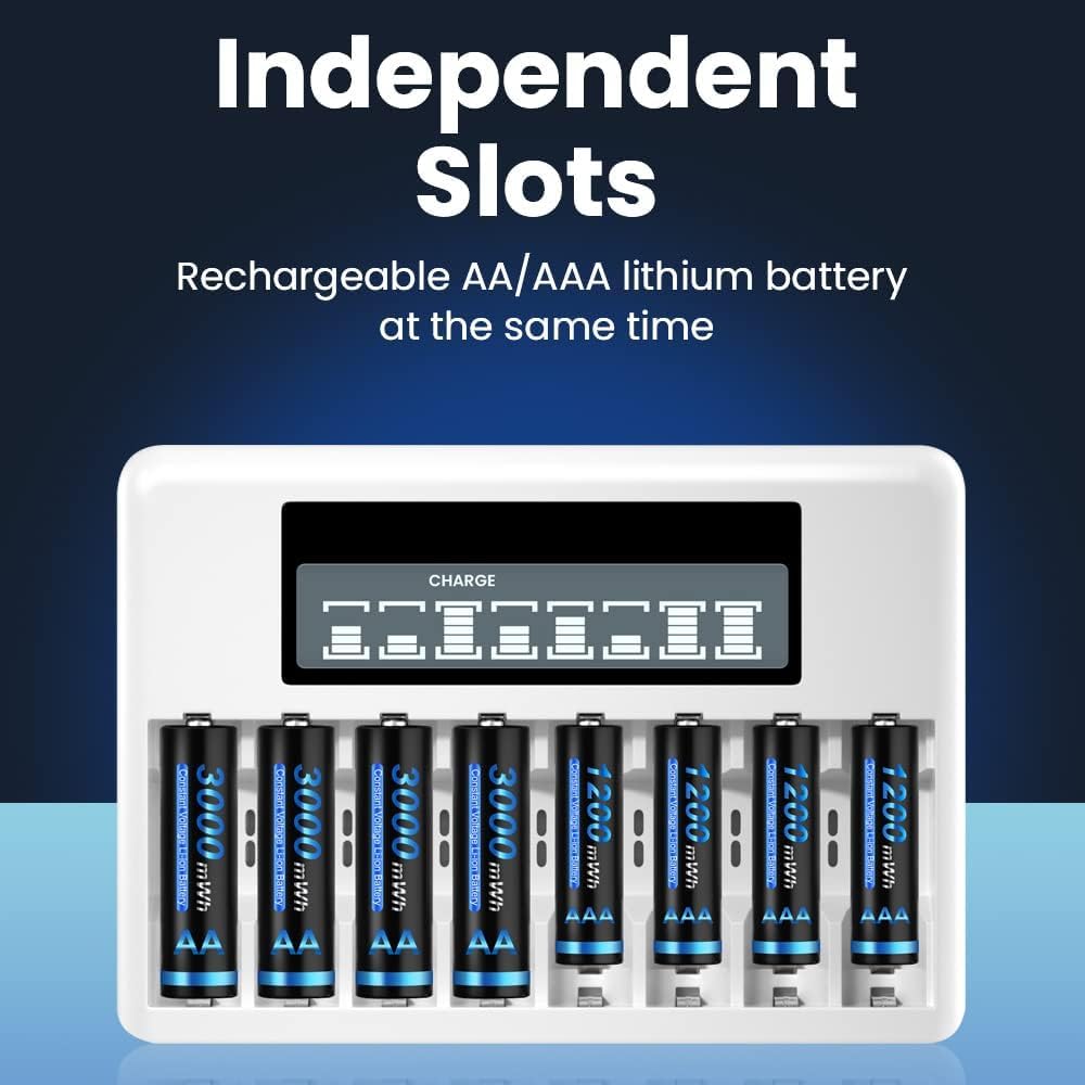 CITYORK 1.5V AA AAA Lthium Battery Charger - 8 Bay, LCD Display Quick Independent for 1.5V AAA AA Li-ion Rechargeable Batteries with USB Cable(1.5 V Rechargeable Battery Fast Charger)