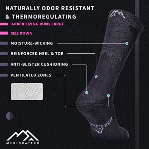 Merino.tech Merino Wool Socks for Women And Men - 85% Merino Wool Hiking Socks Crew Style (Multicolor: Brown, Dark Green, Red, 9-12)