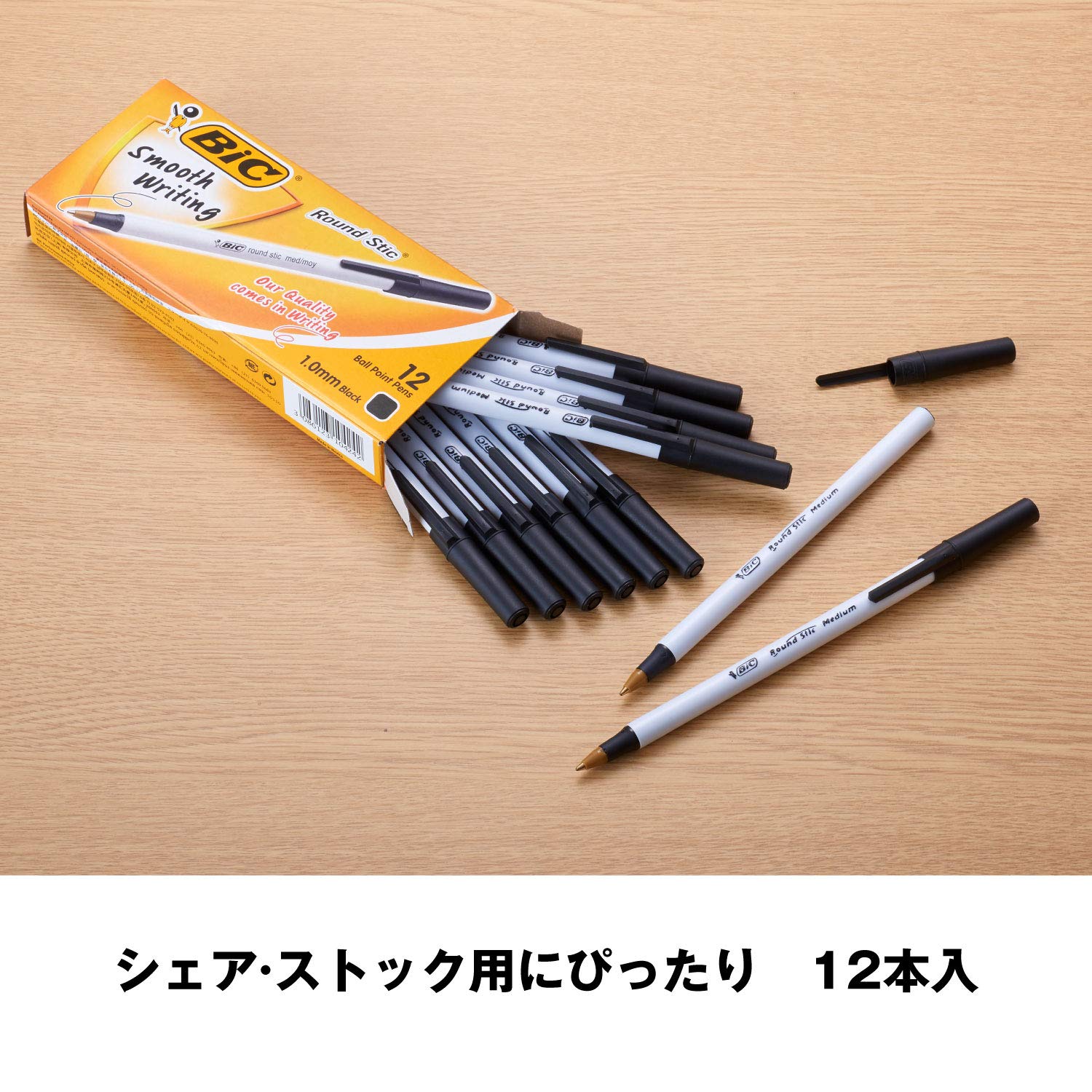 BIC Round Stic 1.0 mm med/MOY Ball Point Pen 1 Box 12 PCS (Pack of 12) (Black)