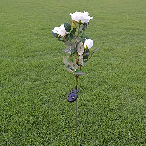 Rose Flower Solar Light, 3 Head White Rose Flower Solar Light Led Decorative Outdoor Lawn Lamp Home Garden Fake Flower Night Light-White