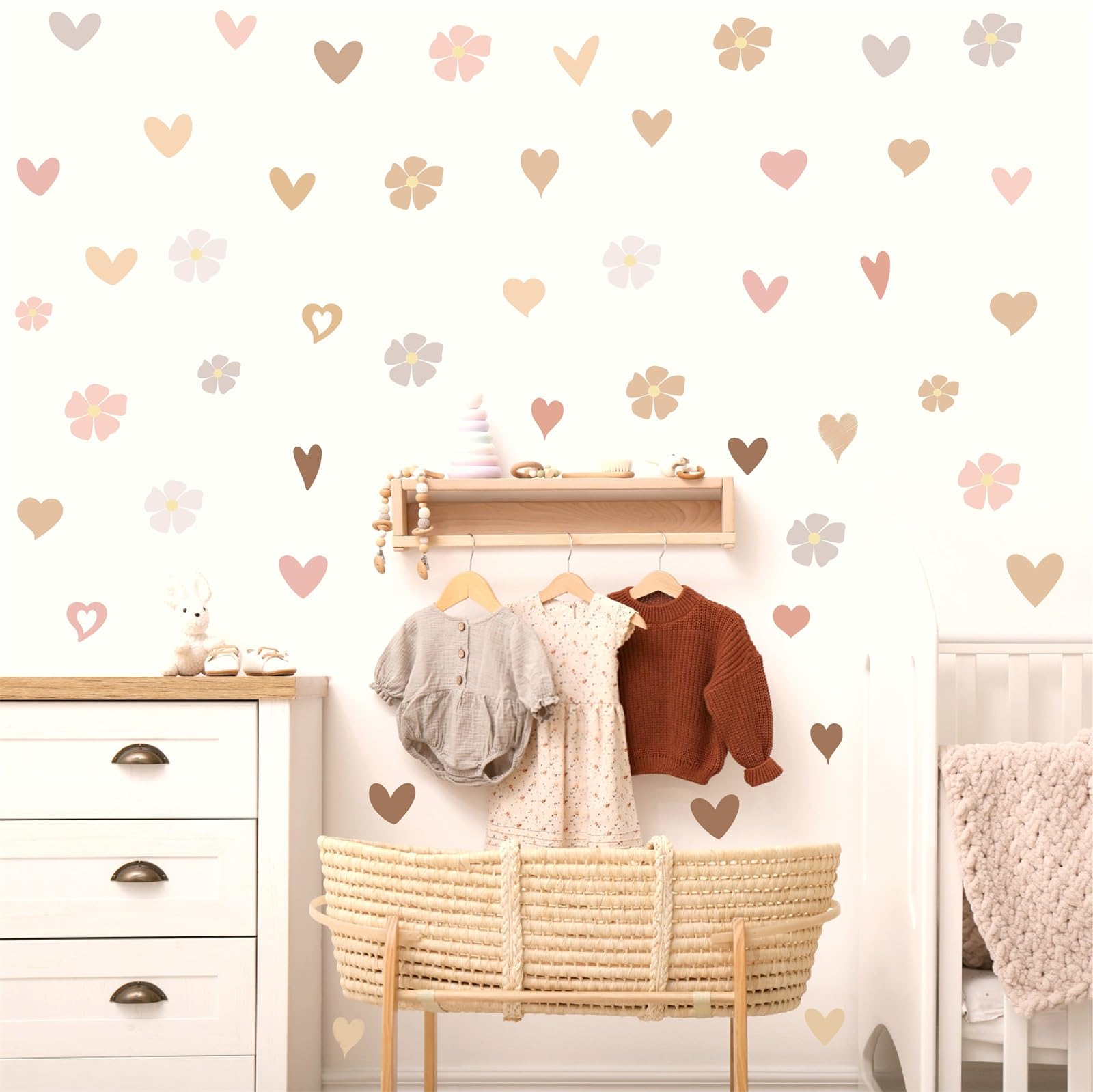 Colorful Flowers Wall Decals Boho Wall Stickers Pastel Hearts Wall Art Stickers Girls Bedroom Decor Pink Floral Decals Peel and Stick Heart Vinyl Murals Wallpaper for Kids Baby Room Nursery Decoration