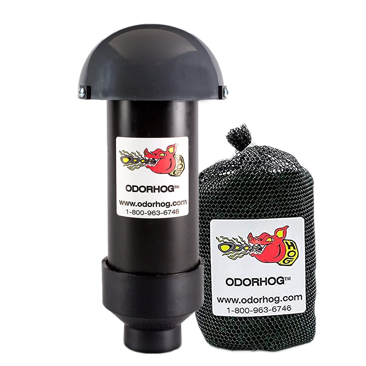 OdorHog Vent Stack Pipe Filter 1.5" Mushroom Cap and Activated Carbon Mesh Replacement Filter Bag 3" Inch Bundle