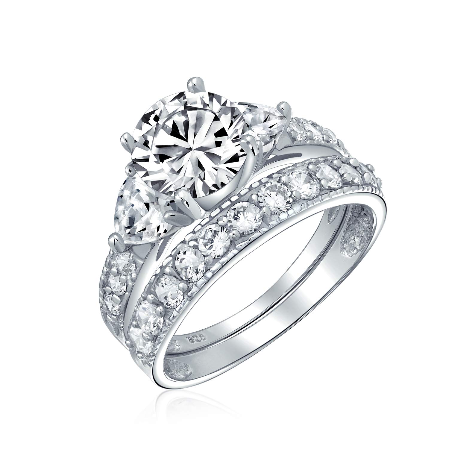 Bling Jewelry 3CT Brilliant Solitaire Cubic Zirconia .925 Sterling Silver AAA CZ Anniversary Wedding Engagement Ring Pave Band Set