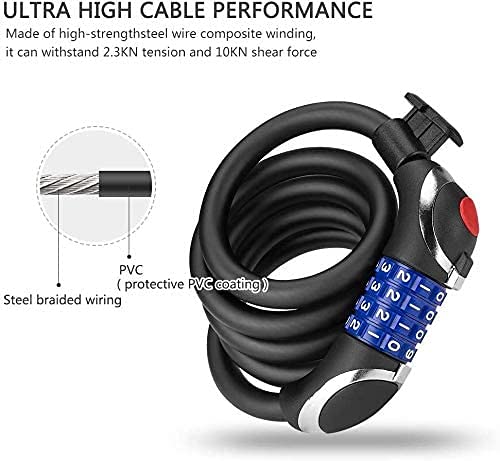 Bicycle Lock, with LED Night Light Lighting, Combination Lock, Mountain Bike Steel Cable Lock, 120cm / 12mm