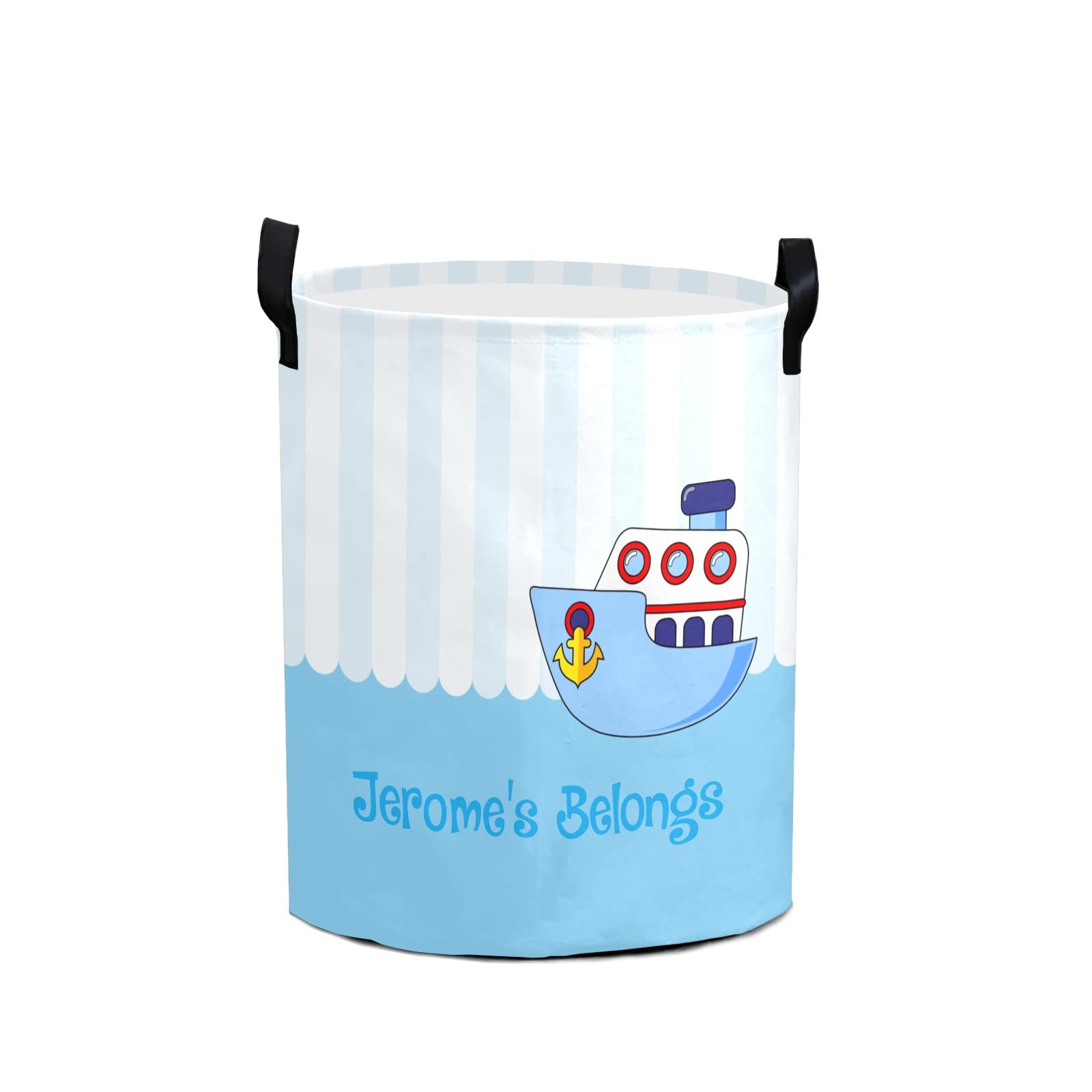 Custom Laundry Hamper, Cartoon Striped Blue Ship Boat Laundry Basket Round Clothes Storage Basket for Bedroom, 14.17x19.68 in